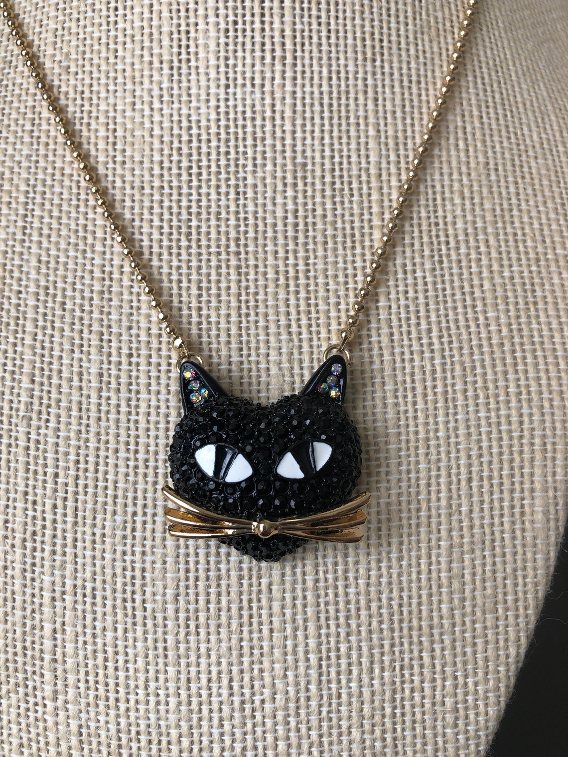 Black Rhinestone Cat Head Pendant Necklace Betsey Johnson Jewelry - Etsy