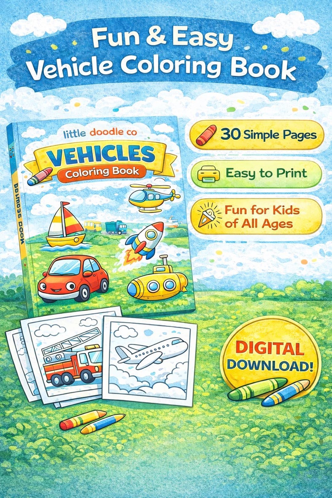 Vehicle Coloring Book for Kids | Simple Transportation Coloring Pages ...