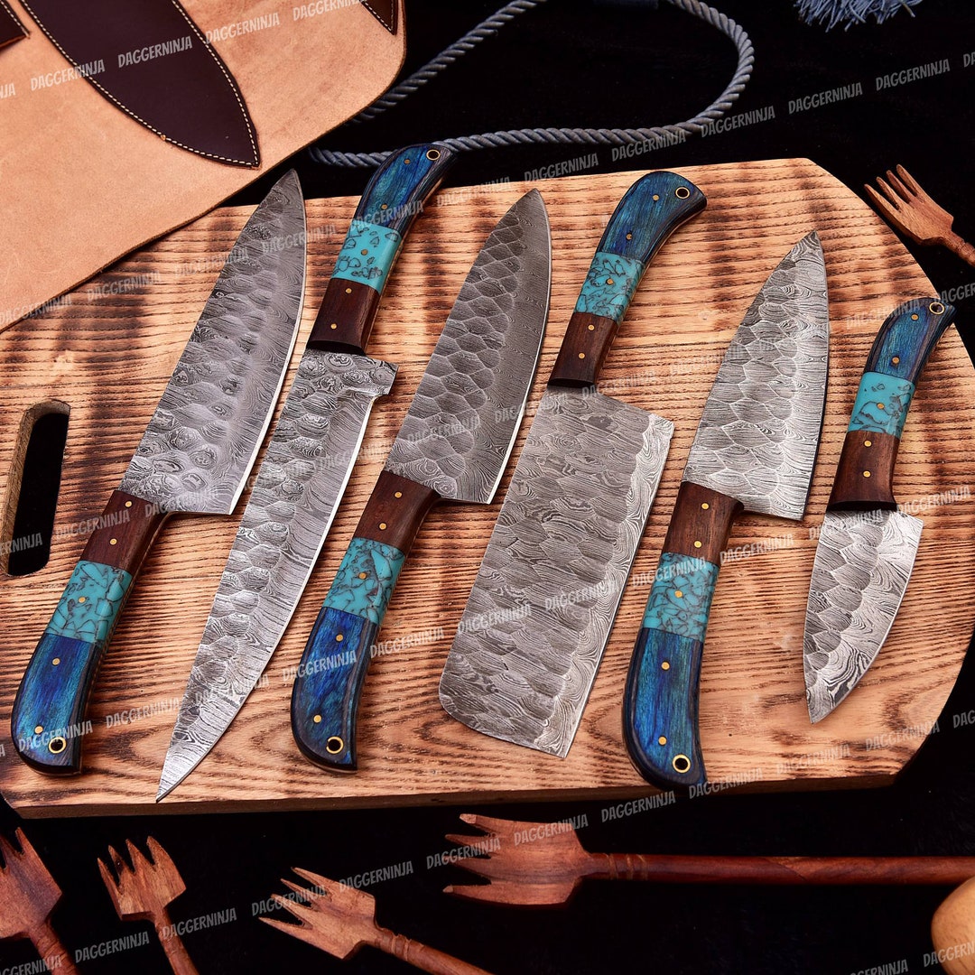 Handmade Chef Knife Set 6 Pcs, Damascus Knive, Turquoise Gemstone, Rose ...