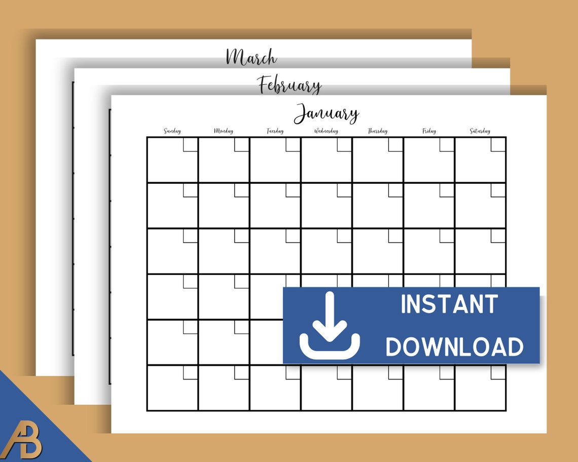 Blank Calendar, Digital Download, Printable Calendar, Letter Size, A4 ...