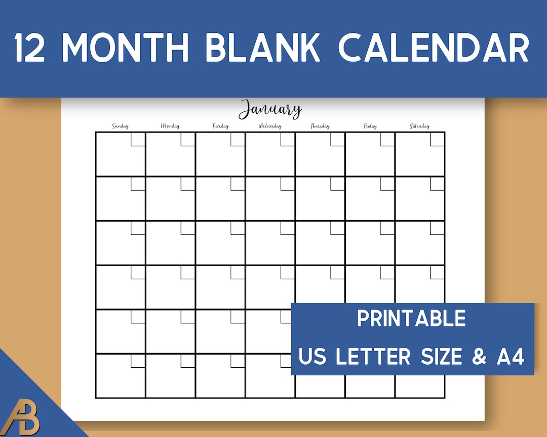Blank Calendar, Digital Download, Printable Calendar, Letter Size, A4 ...