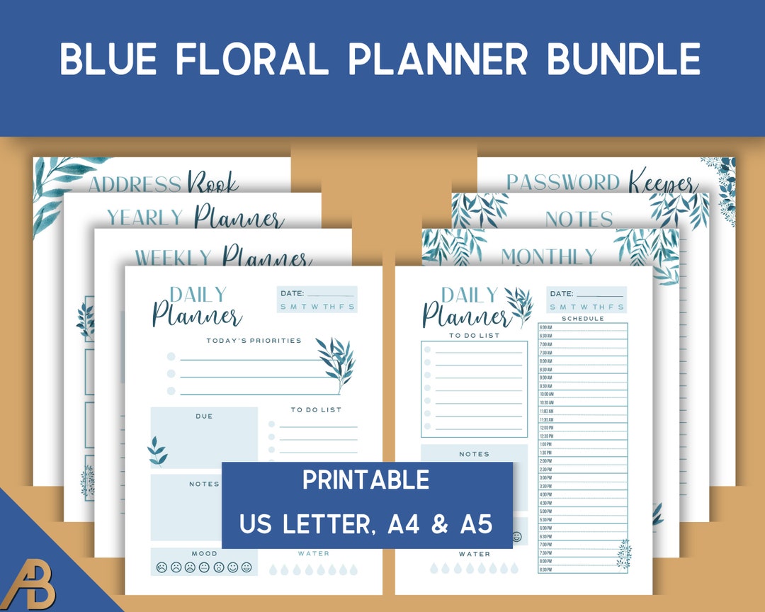 Blue Floral Planner Bundle, Printable, Digital Download, US Letter, A4 ...