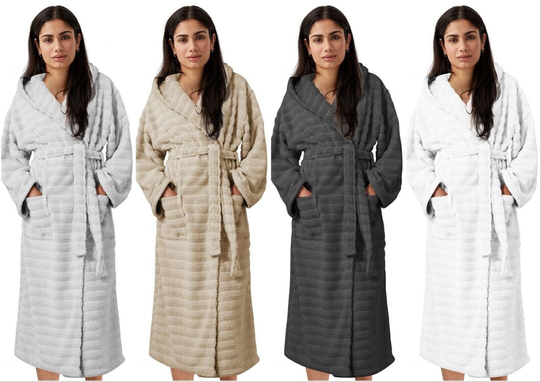 Ribbed Terry Towelling Bathrobe 100% Cotton Unisex Hooded Dressing Gown ...