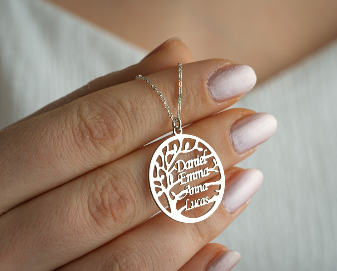 Family Name Necklace, Silver Tree of Life Name Pendant, Kids Name ...