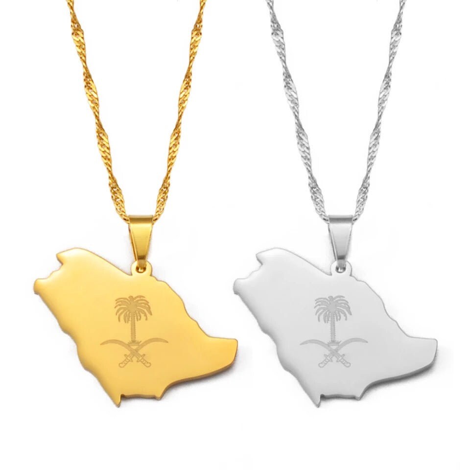 Saudi Arabia Map Crossed Swords Palm Tree Necklace Chain Pendant - Etsy