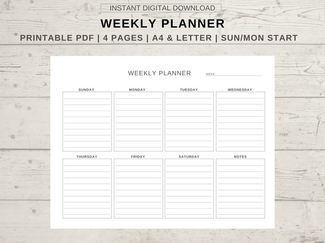 Weekly Planner Printable, Minimalist, Landscape A4 & Letter, Week at a ...