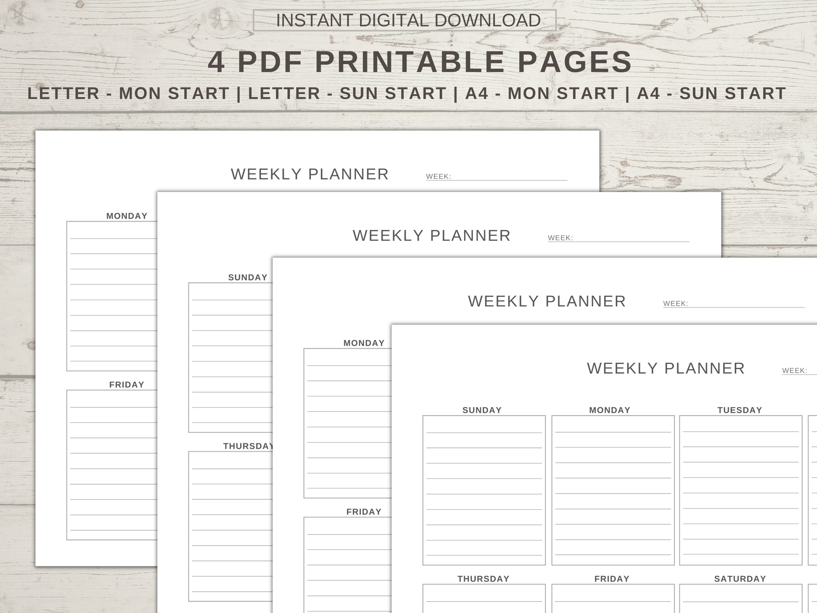 Weekly Planner Printable, Minimalist, Landscape A4 & Letter, Week at a ...