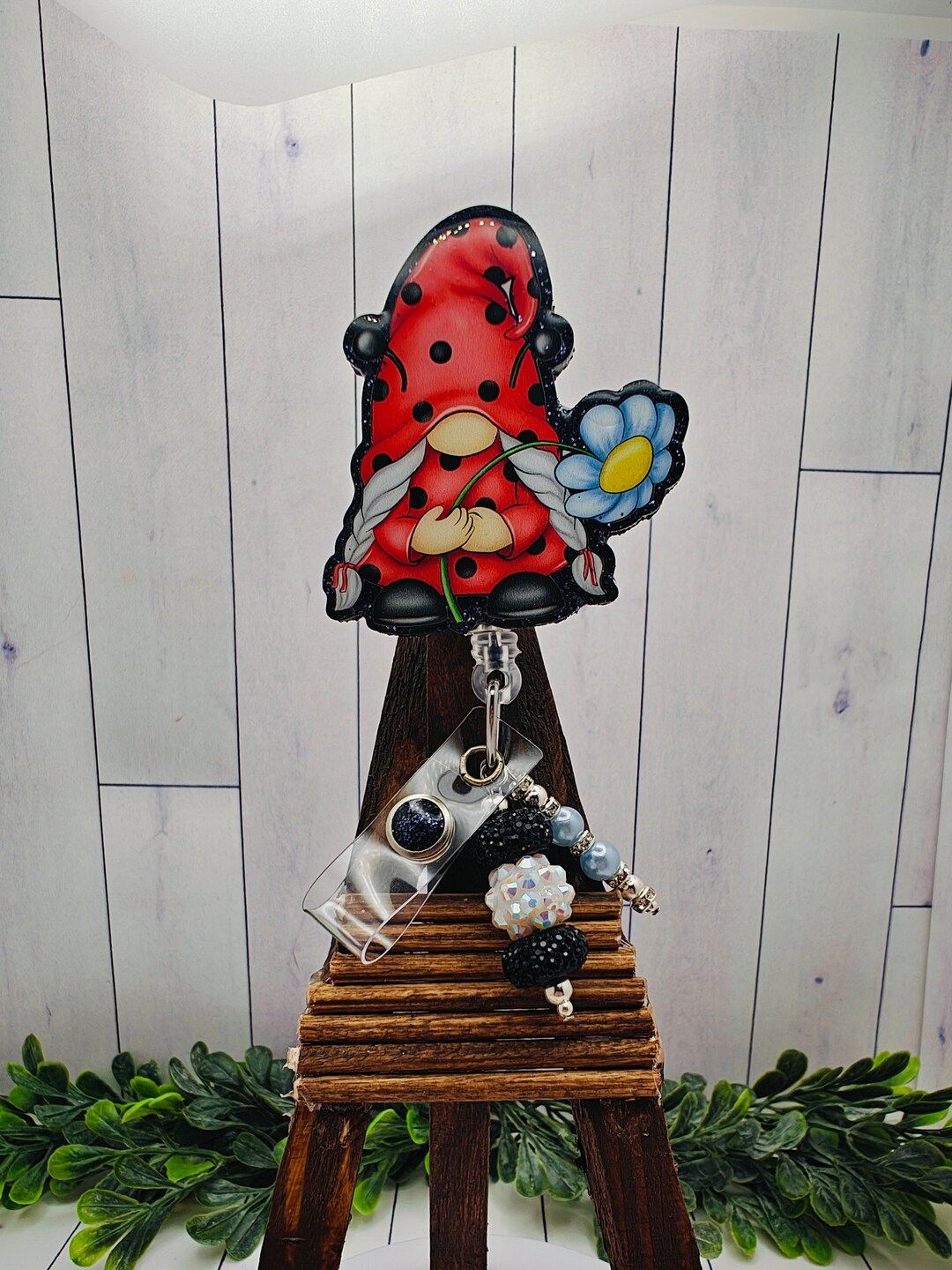 Gnome Girl Badge Reel: Ladybug, Flower, and Beads Swivel Clip - Etsy