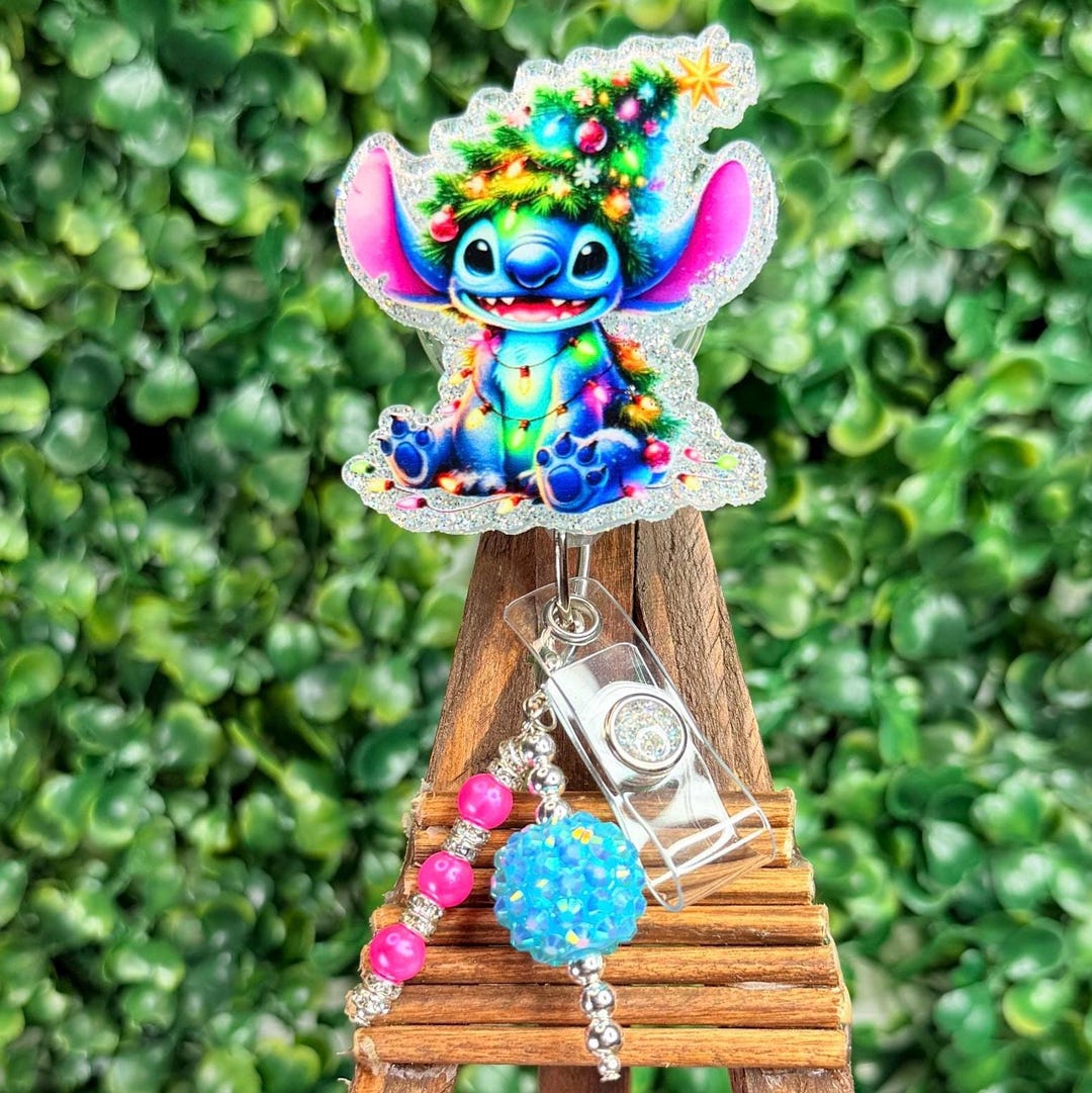 Little Blue Alien Badge Reel • Christmas Tree Glitter ID Holder - Etsy