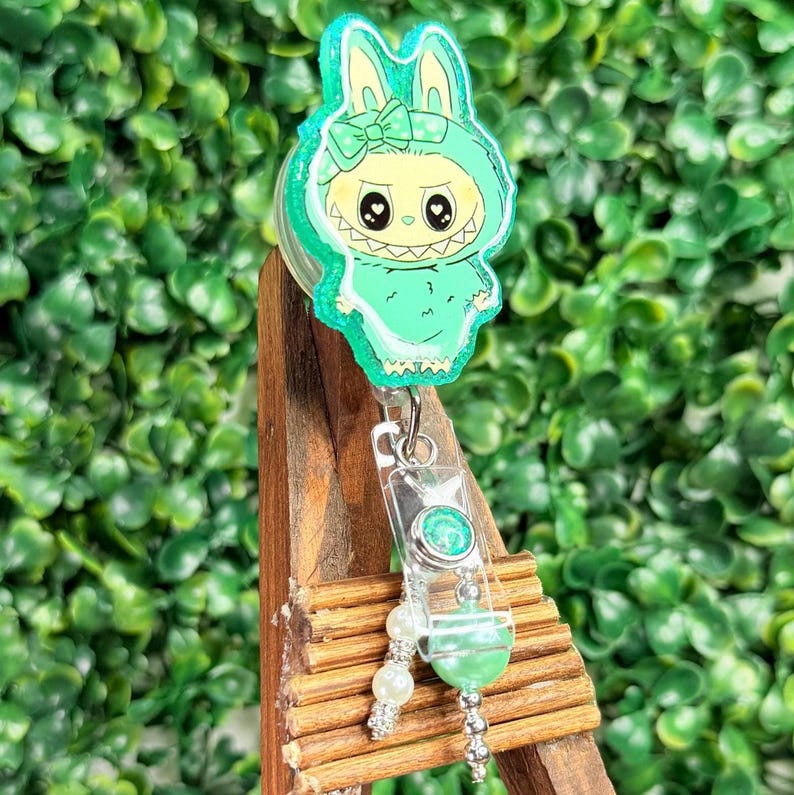 Labubu Inspired Badge Reel • Green Glitter Alligator Swivel Clip - Etsy