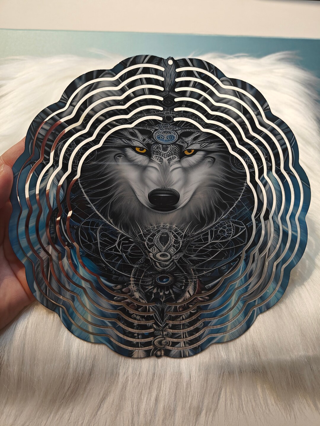 Silver Wolf Head Dress Feathers Dreamcatcher Spiritual 8-inch Metal ...