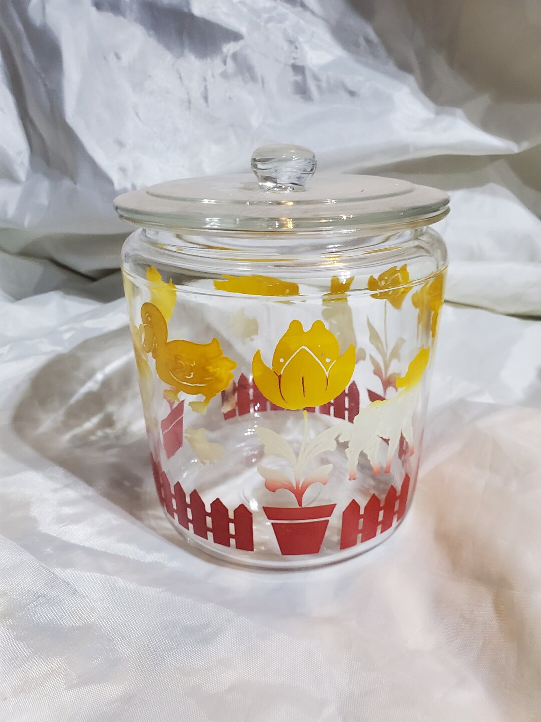 Vinyage 1940s Anchor Hocking Bunny Lamb Duck Tulip Fence Canister Glass ...