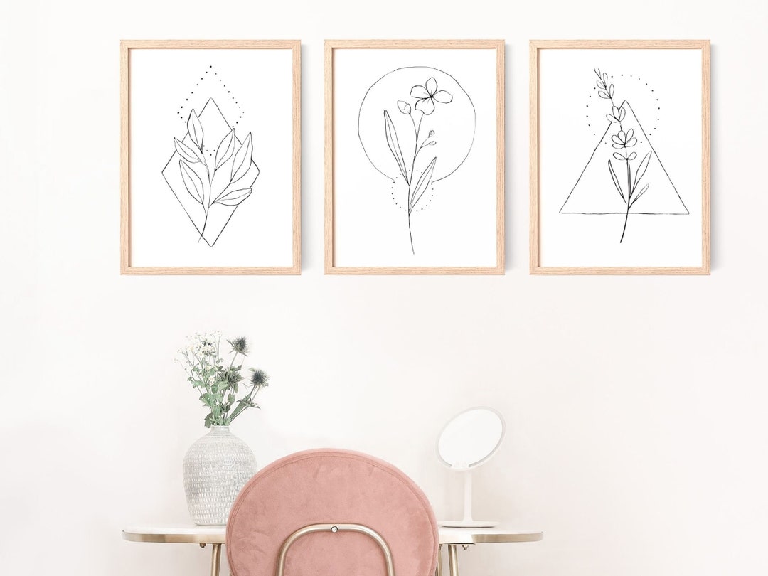 Boho Flower Line Art Set of 3 Hand Drawn Flowers 3 Piece - Etsy