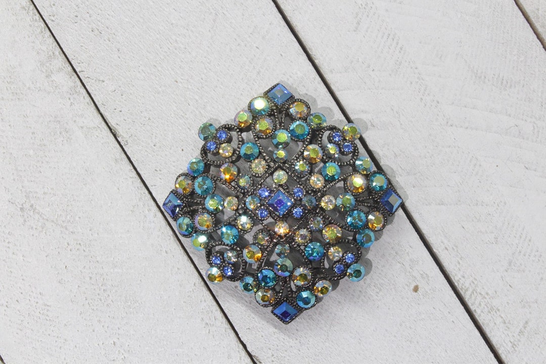 Vintage Joan Rivers Blue & Aurora Borealis Rhinestone Antiqued - Etsy
