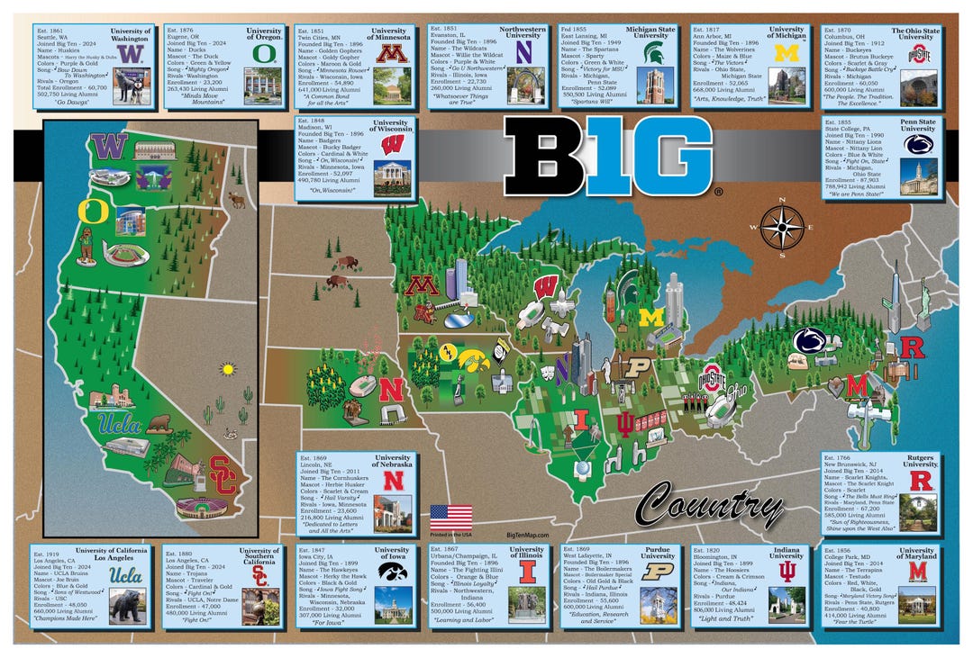 NEW Officially Licensed Big Ten Conference Map/poster (XL Size = 24" X ...