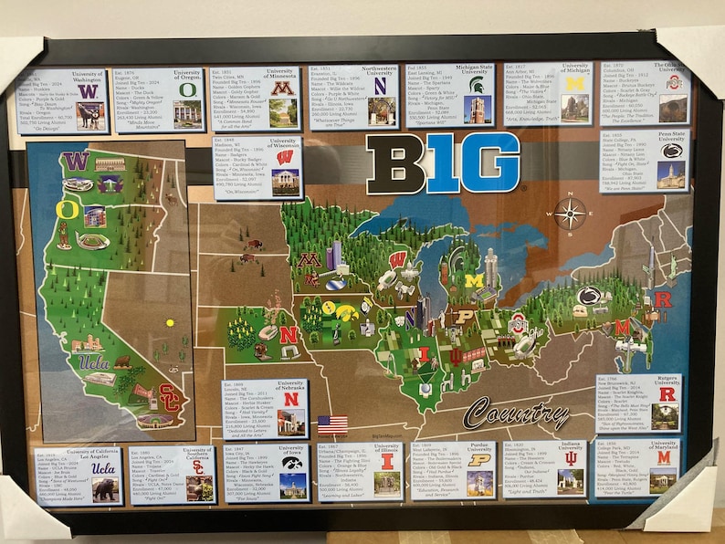 NEW Officially Licensed Big Ten Conference Map/poster (XL Size = 24" X ...