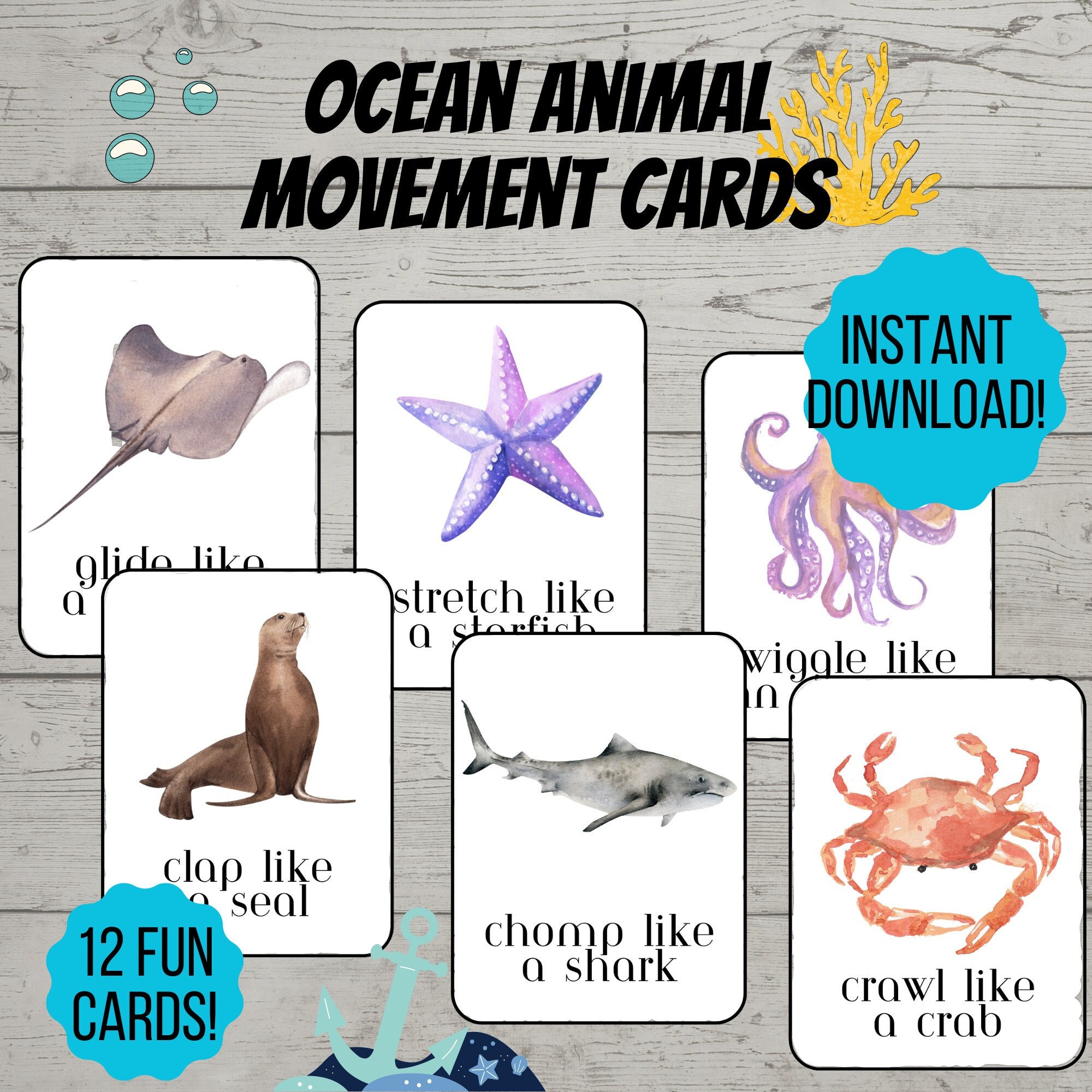 Ocean Animal Movement Cards Toddler Movement Cards - Etsy