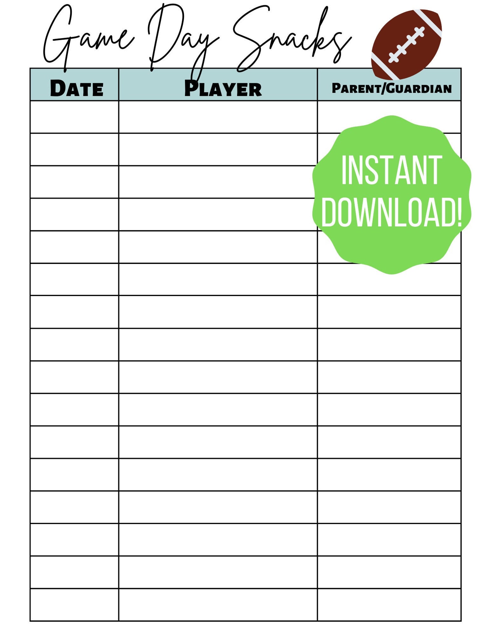 Football Snack Sign Ups / Football Printable - Etsy