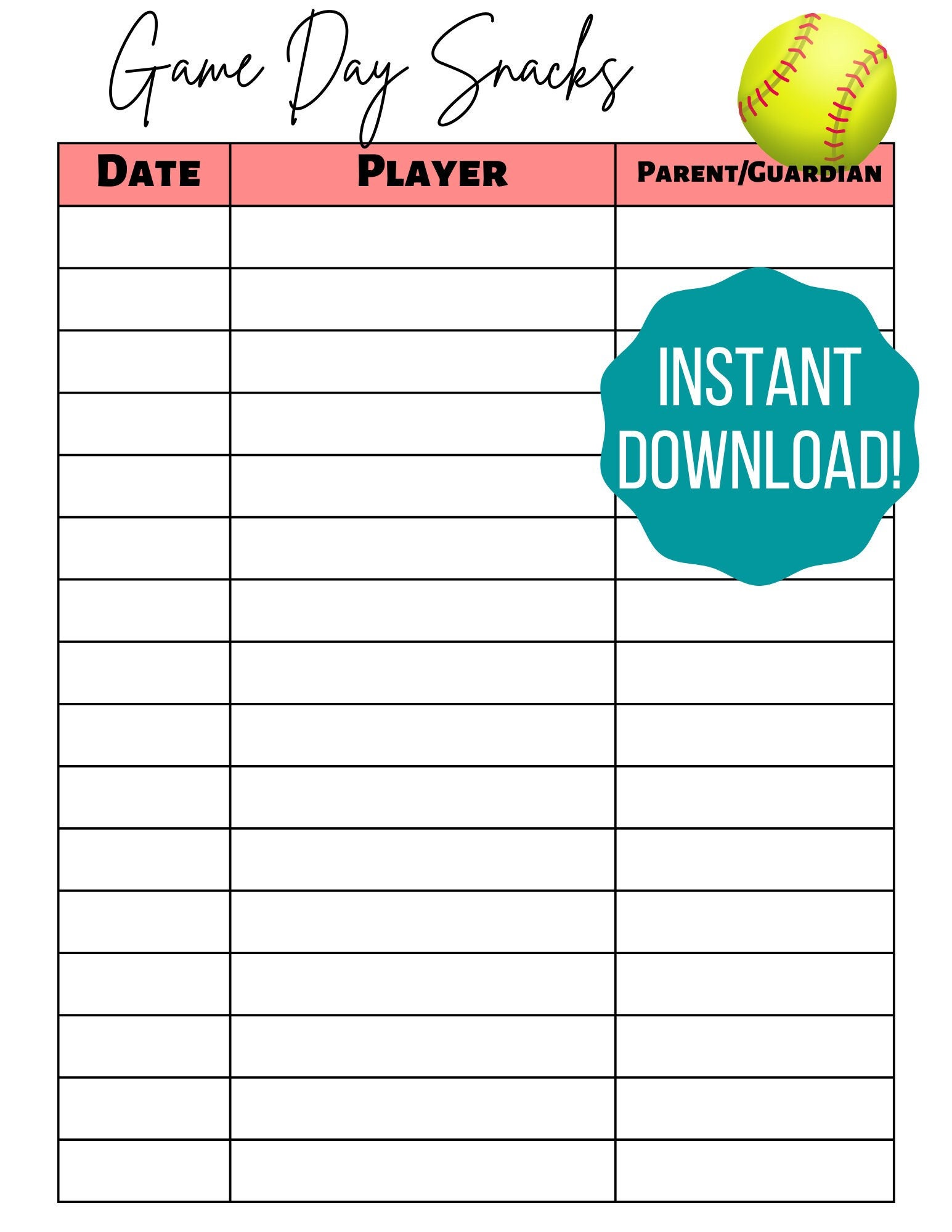 Softball Game Day Snacks Printable/snack Sign Up - Etsy