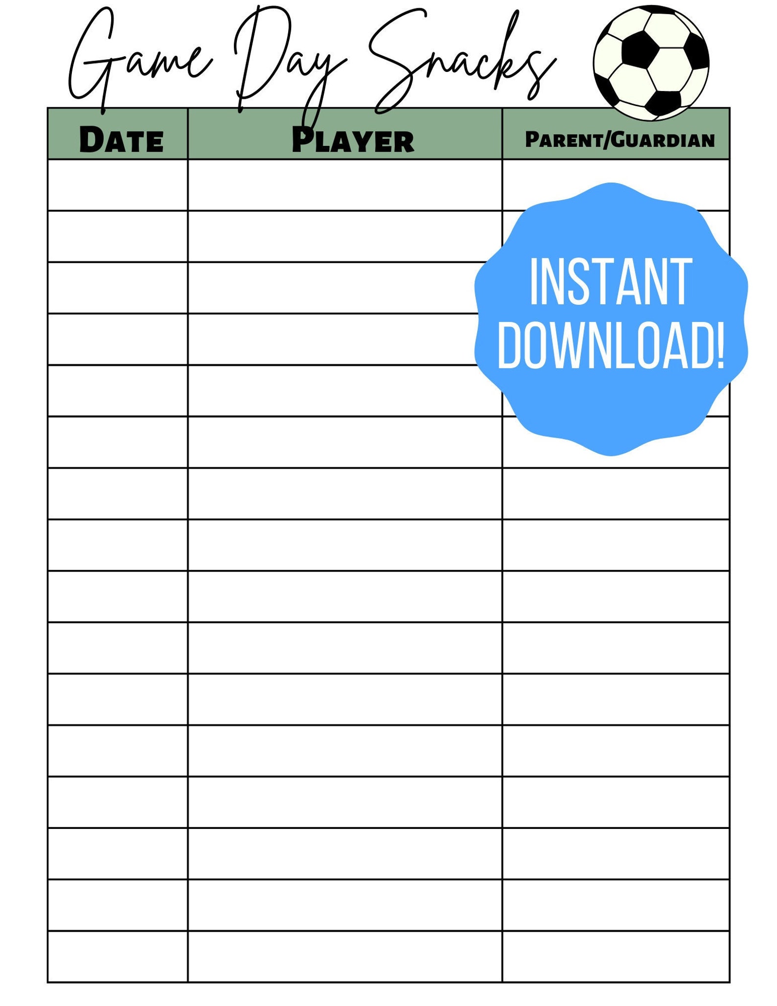 Soccer Snack Sign Ups / Soccer Printable / Soccer Coach Printable - Etsy