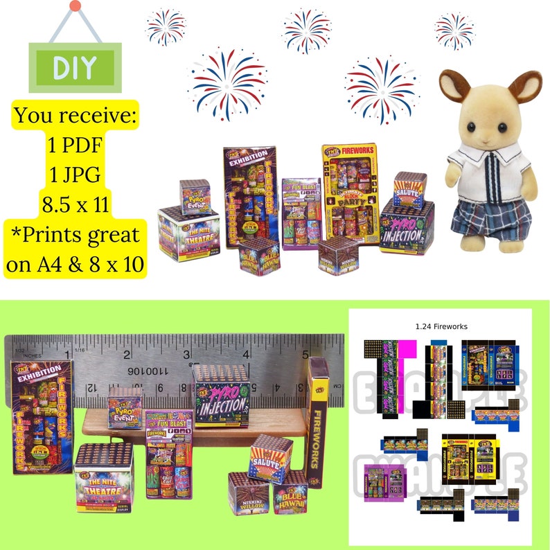 1.24 Miniature Printable Fireworks Boxes Doll Size Mini Fourth of July ...