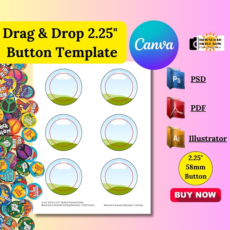 2 25 Pin Button Canva Template Bundle Drag And Drop Custom Badge Circle