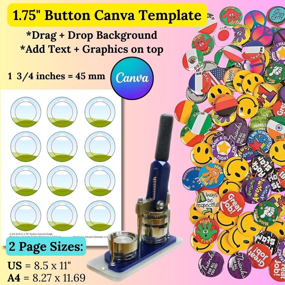 1.75 Pin Button Canva Template BUNDLE Drag and Drop Custom Badge Circle ...