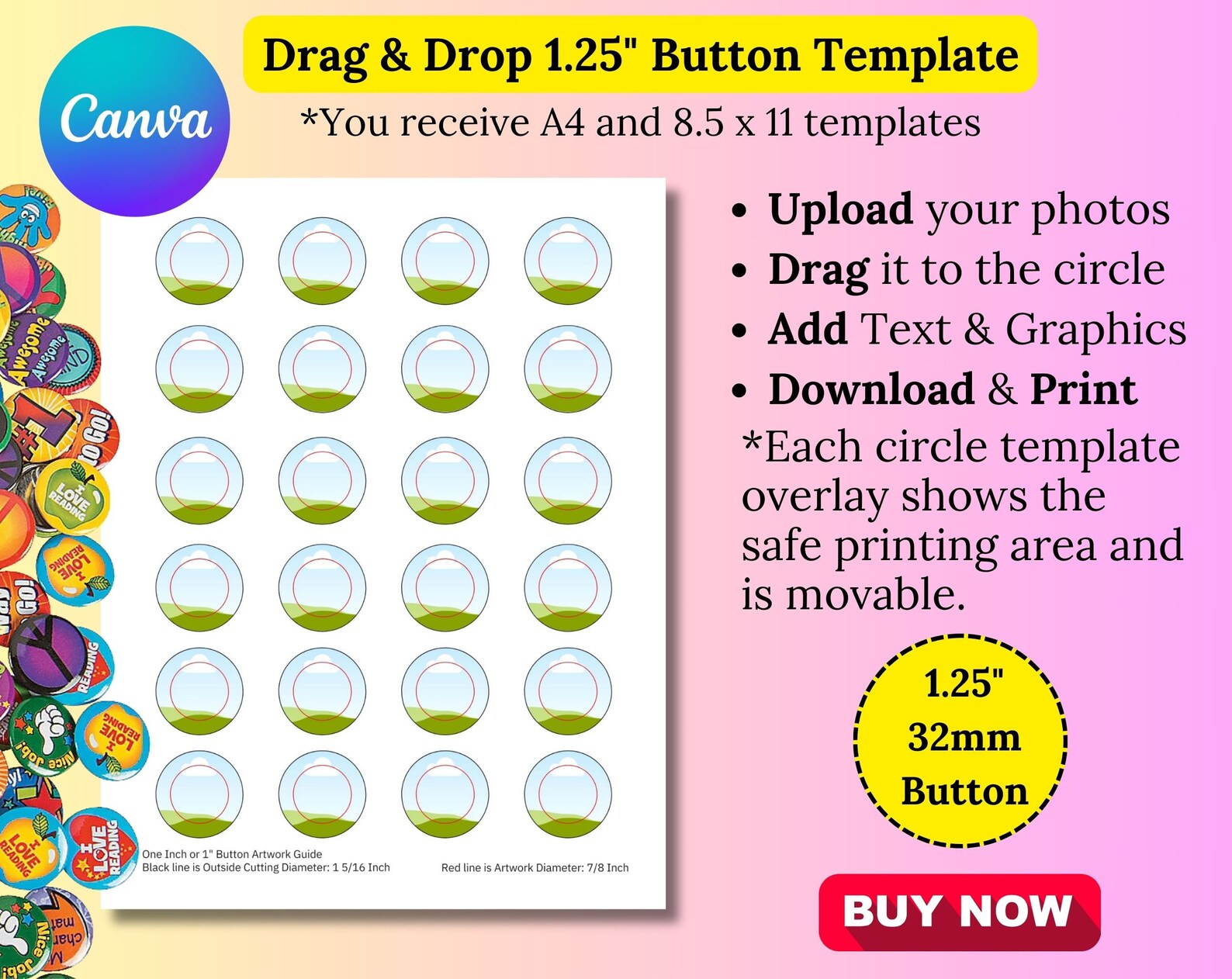 1.25 Pin Button Canva Template BUNDLE Drag and Drop Custom Badge Circle Labels - Etsy