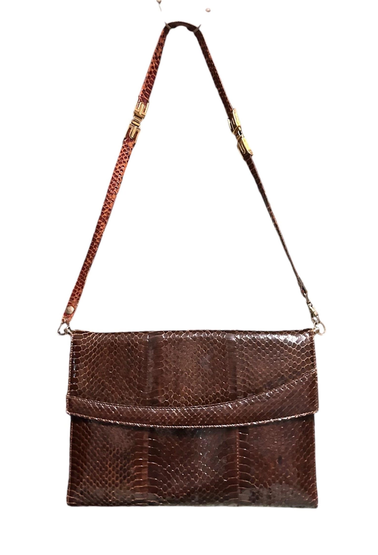 70s Vintage Shoulder Brown Clutch Bag Python / Elegant Crossbag Made in ...