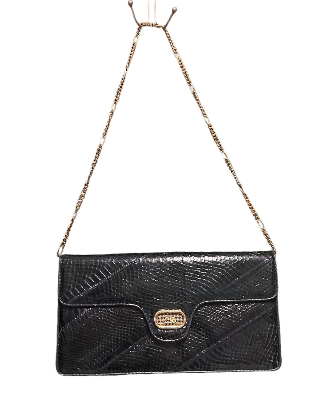 70s Vintage Shoulder Gold Chain Horse Bag Python /black Elegant ...