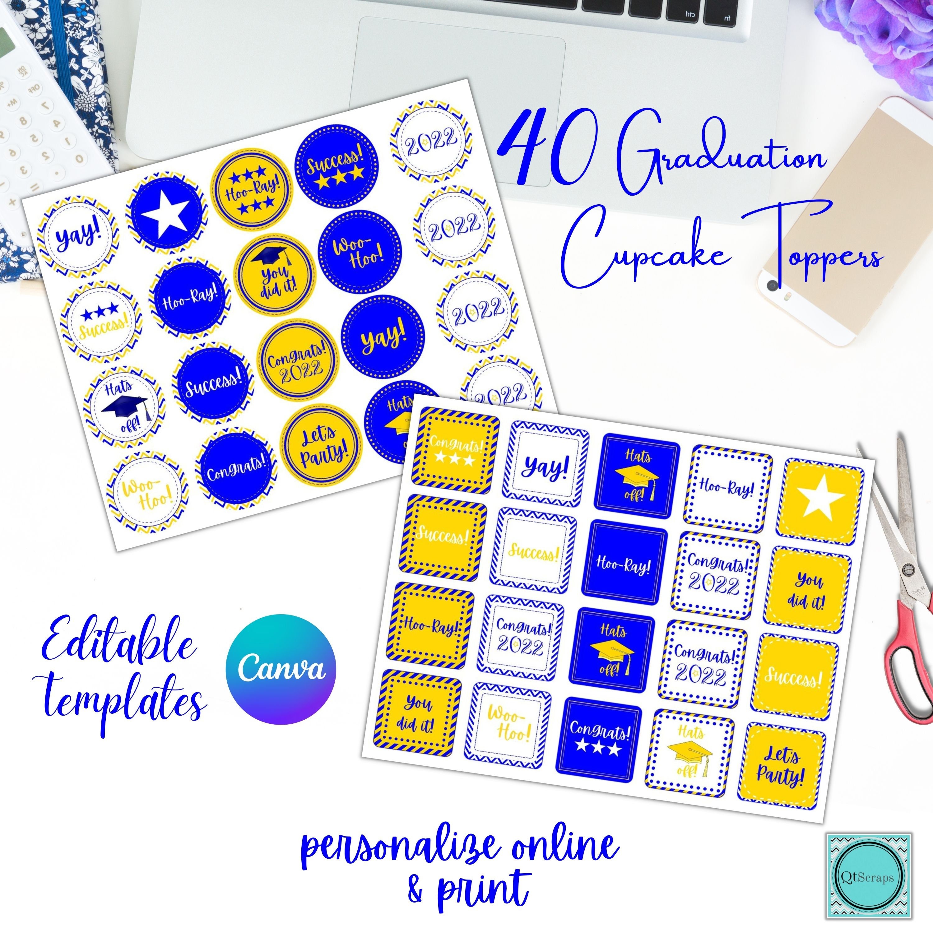 Blue & Gold Graduation Cupcake Toppers, Graduation, Editable, Printable ...
