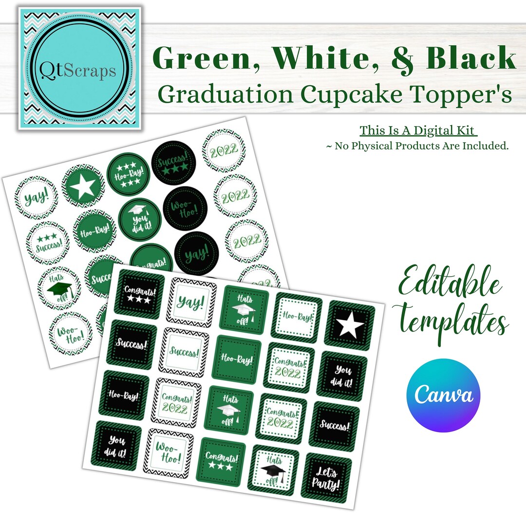 Green, White, & Black Graduation Cupcake Toppers, Graduation, Editable ...