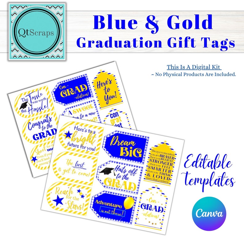 Blue & Gold Graduation Gift Tags, Editable, Printable - Etsy