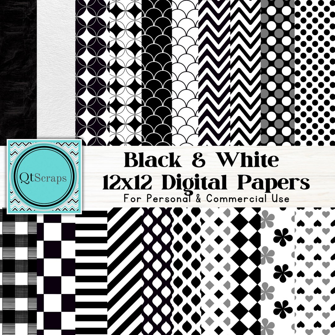 Black & White Digital Paper Pack: 20 Fun Designs (12x12 Printable ...