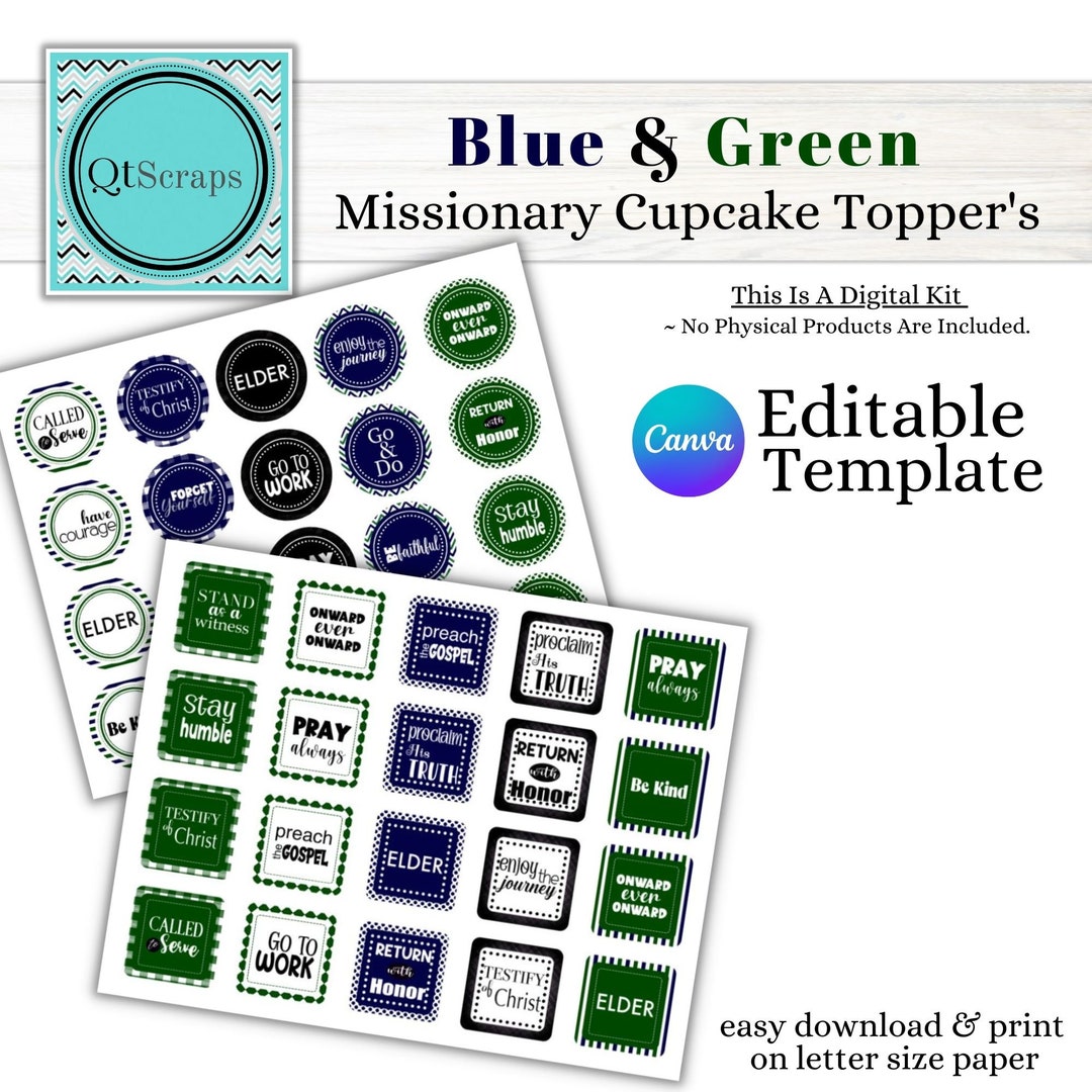 Editable Cupcake Toppers for Missionary Events | Blue & Green | Canva ...