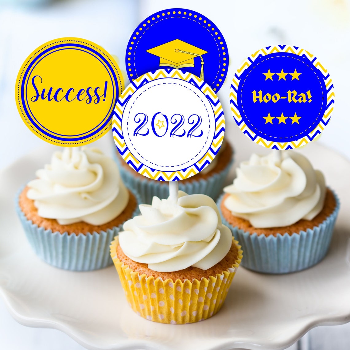Blue & Gold Graduation Cupcake Toppers, Graduation, Editable, Printable ...