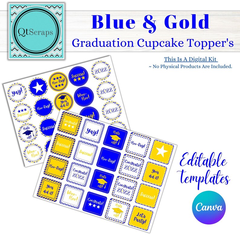 Blue & Gold Graduation Cupcake Toppers, Graduation, Editable, Printable ...