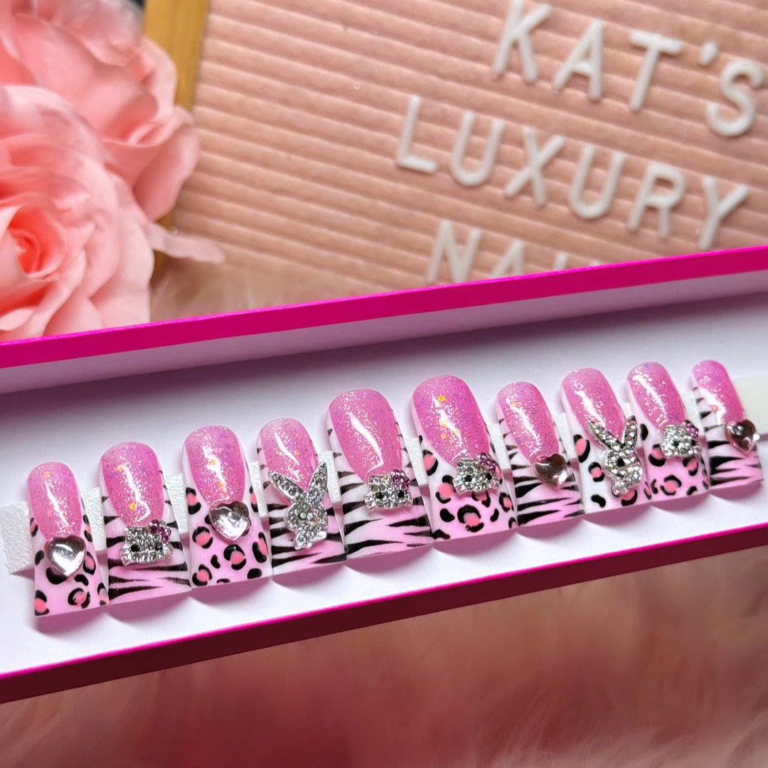 Baddie Pink Glitter Frenchies & Charms Luxury Animal Print White Y2k ...