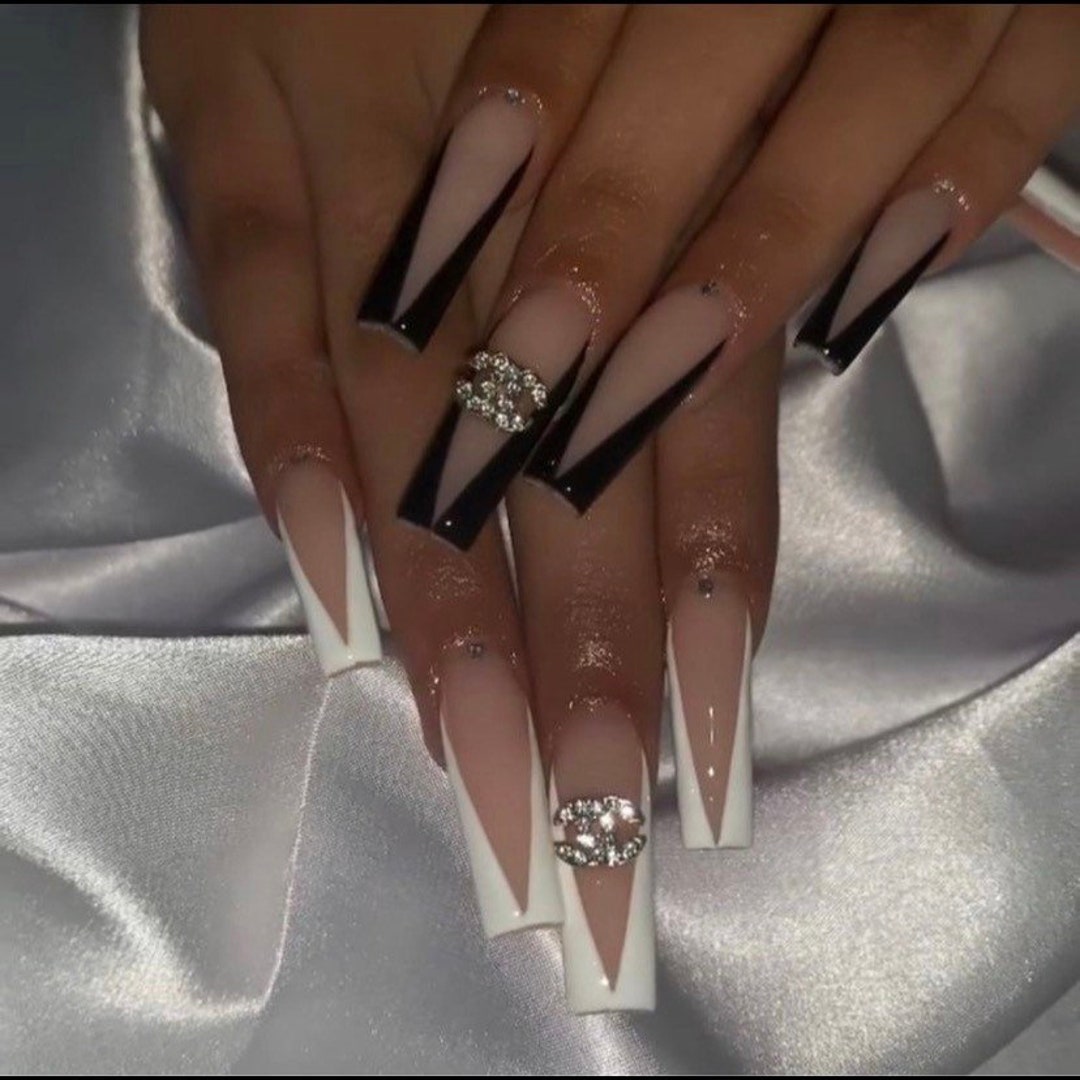 Black And White Deep V Frenchies Handmade Glossy Nude French Tip Press On