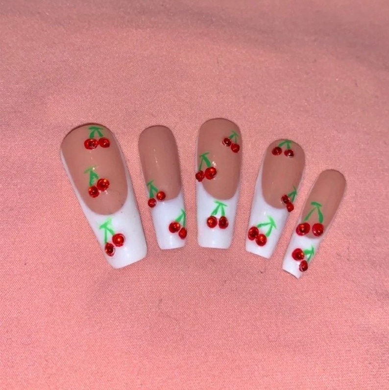Cherry Pop White French Tip & Bling Cherries Luxury - Etsy