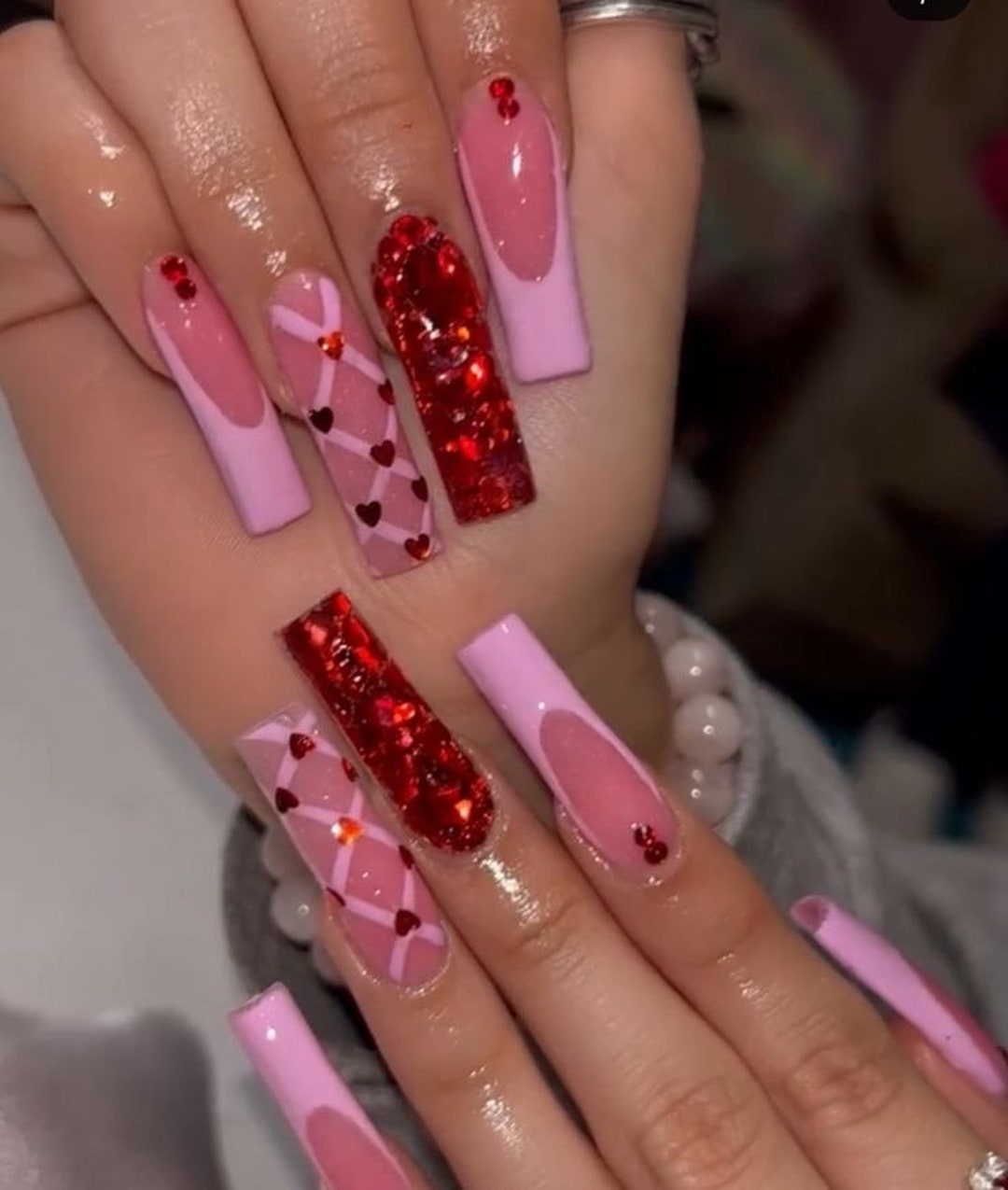 Milky Pink French Tips & Red Bling Valentines Day Heart Y2k Baddie ...