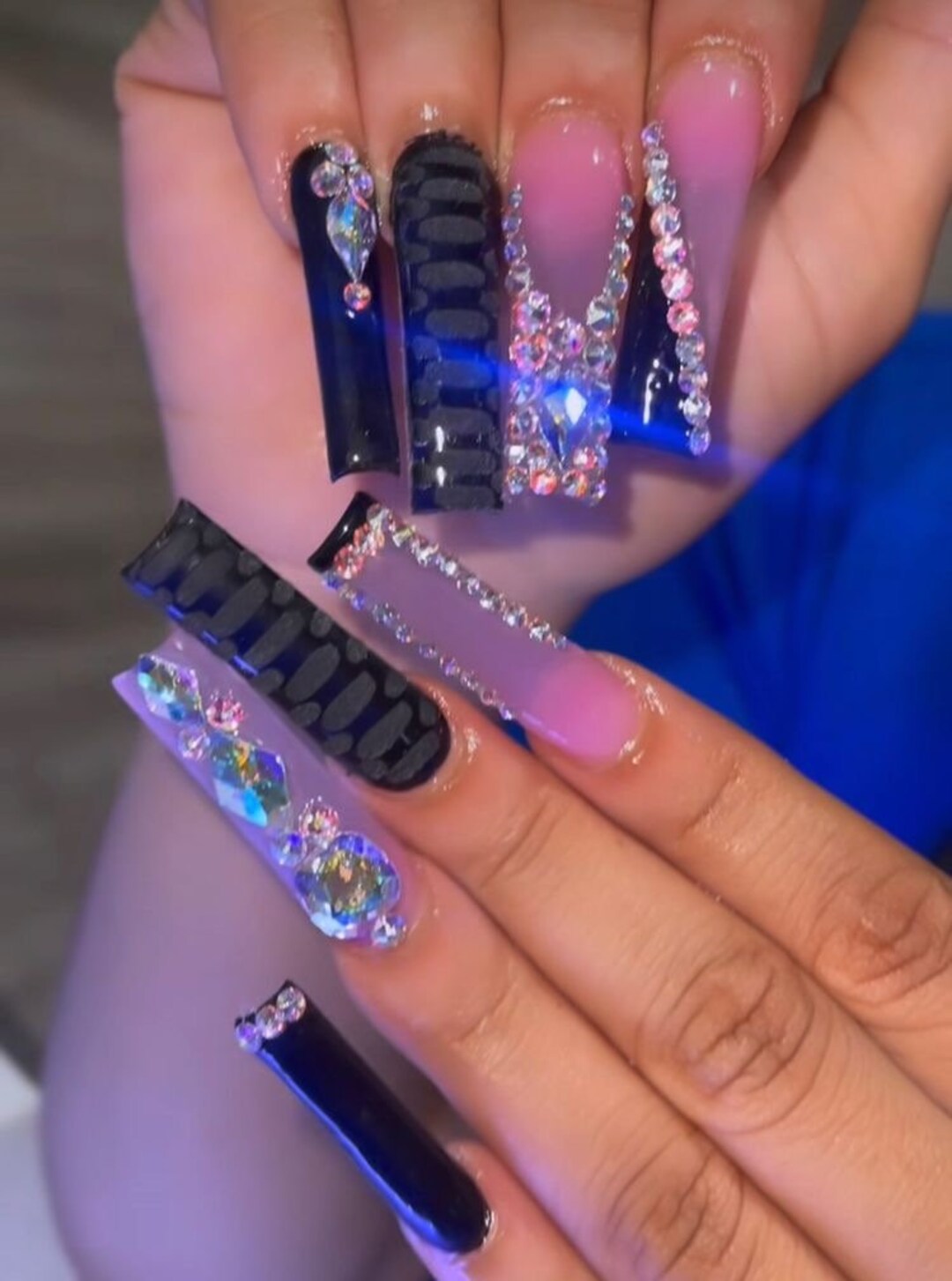 Baddie Black Frenchies & Bling Luxury 3D Crocodile Y2k Glossy French ...