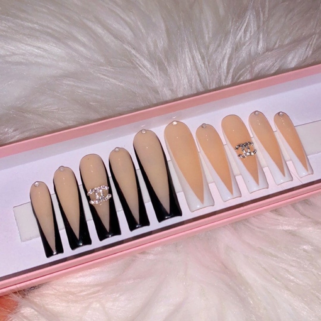 Black & White Deep V Frenchies Handmade Glossy Nude French - Etsy