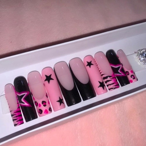 Y2k French Tip Press on Nails Handmade Fake Nails Glue - Etsy
