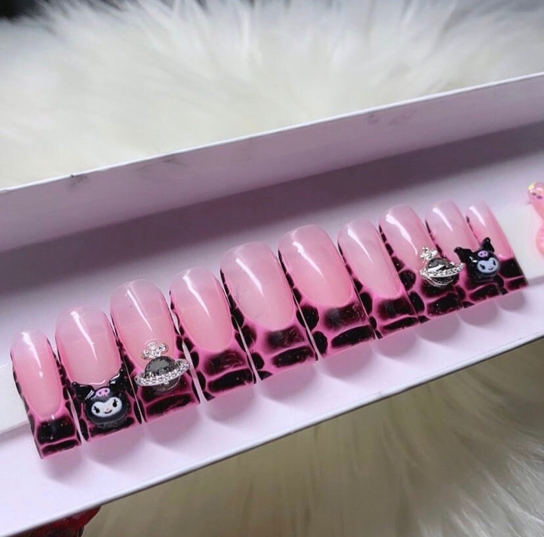 Kawaii Pink & Black Frenchies Planet Charm Y2k Luxury French Tip Press ...
