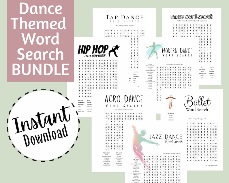 Dance-themed Word Search 7 Page Bundle, Kids Printable Activities - Etsy