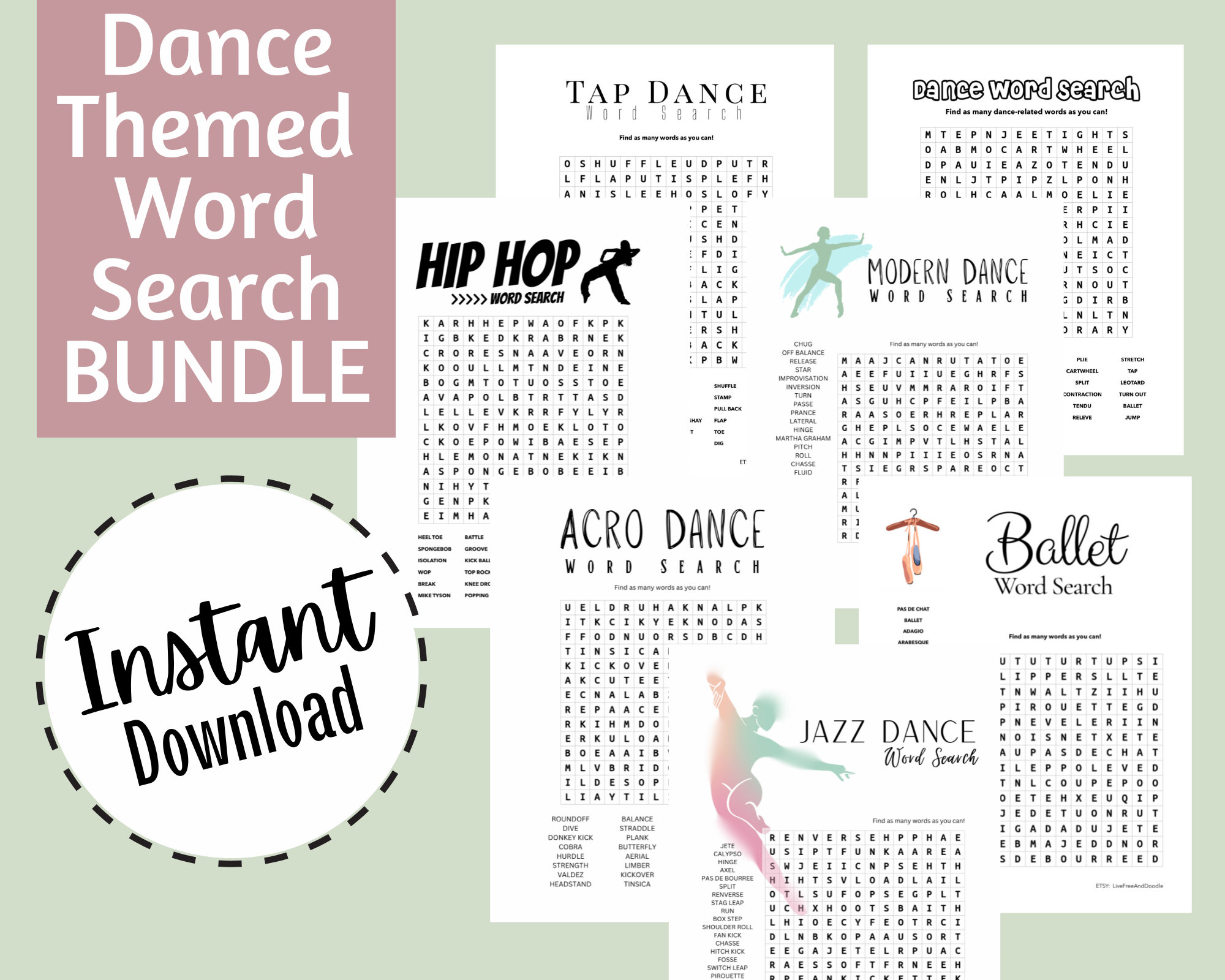 Dance-themed Word Search 7 Page Bundle, Kids Printable Activities - Etsy