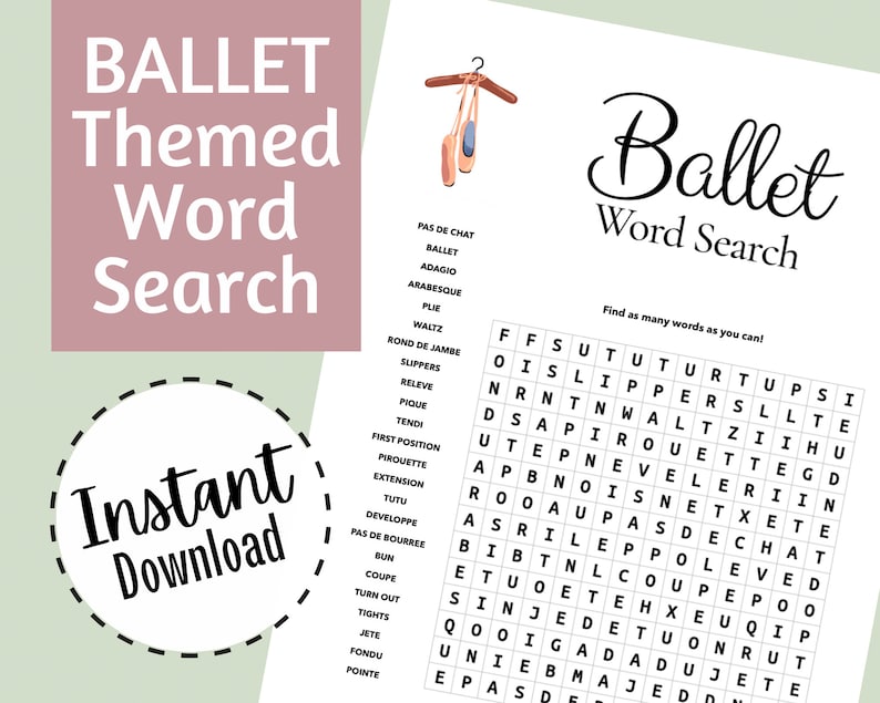 Ballet Themed Word Search, Instant Download, Printable Worksheet for ...