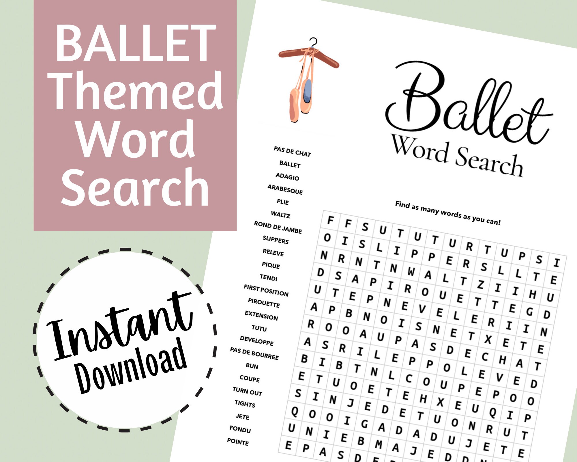 Ballet Themed Word Search, Instant Download, Printable Worksheet for ...