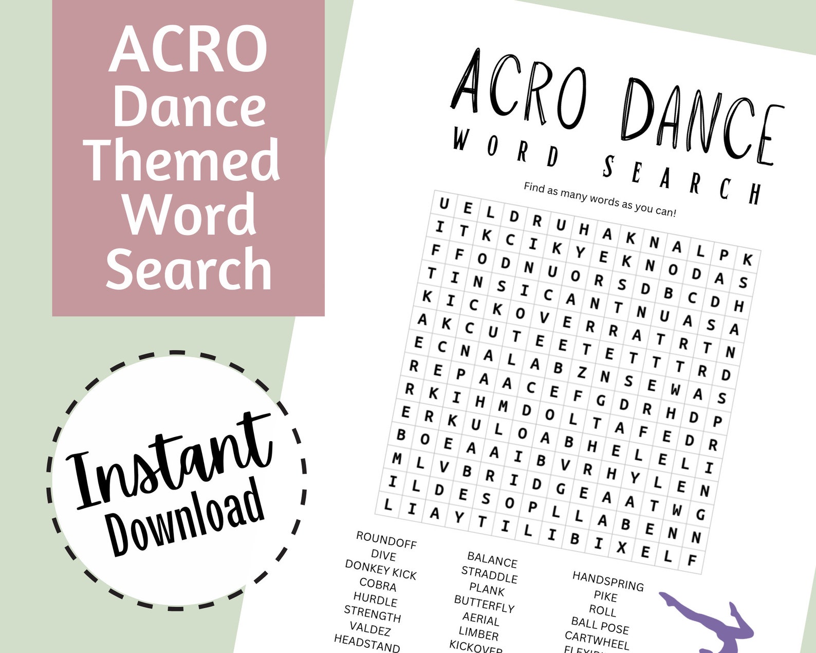 Acro Dance Word Search, Printable Dance Activity - Etsy
